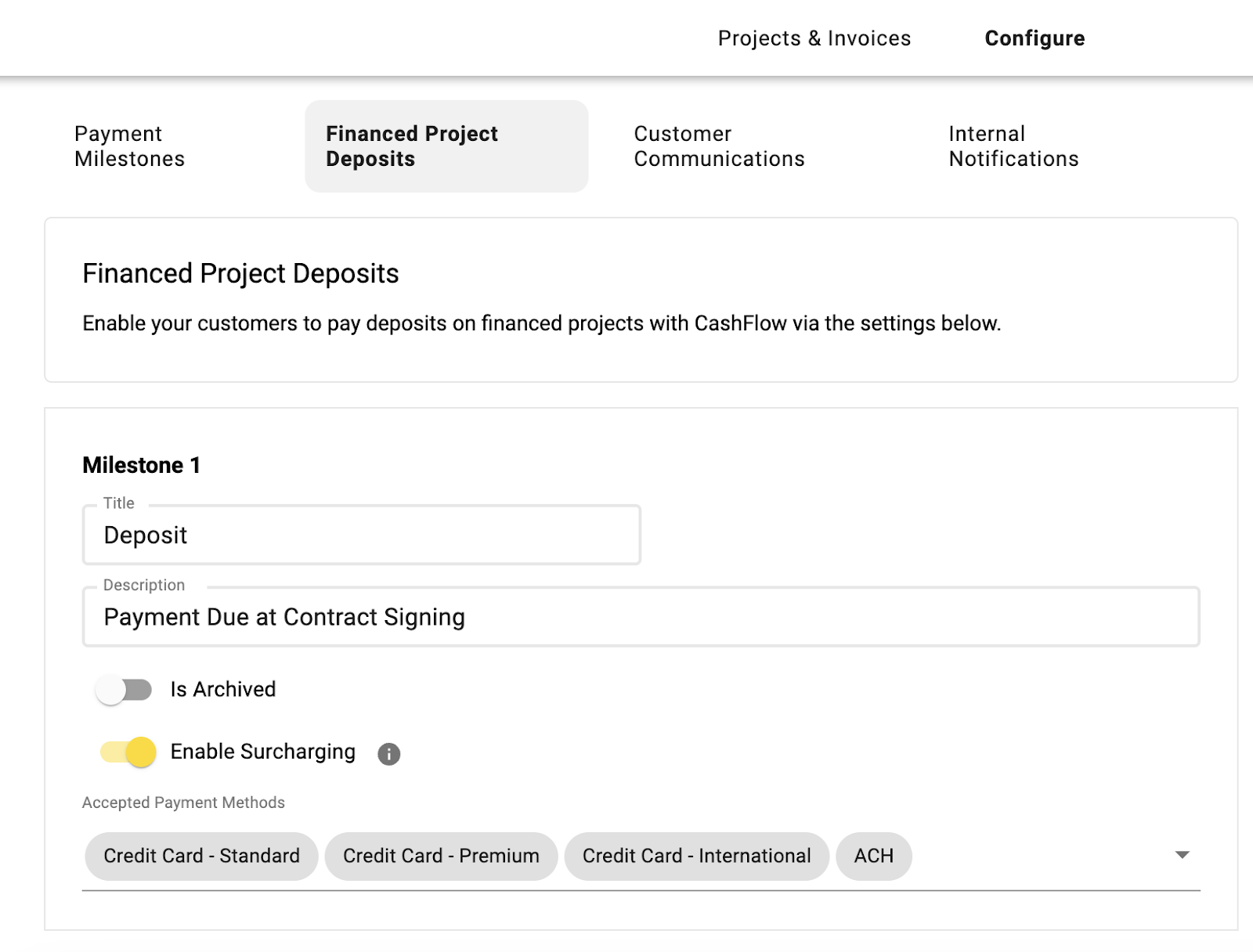 Financed Project Deposit Configuration – OpenSolar